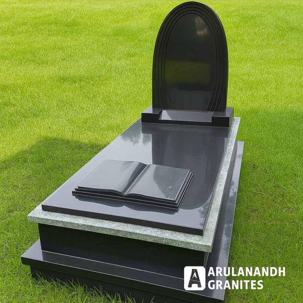 Arched Granite Tombstone with Sculpted Bible and Tiered Base ...
