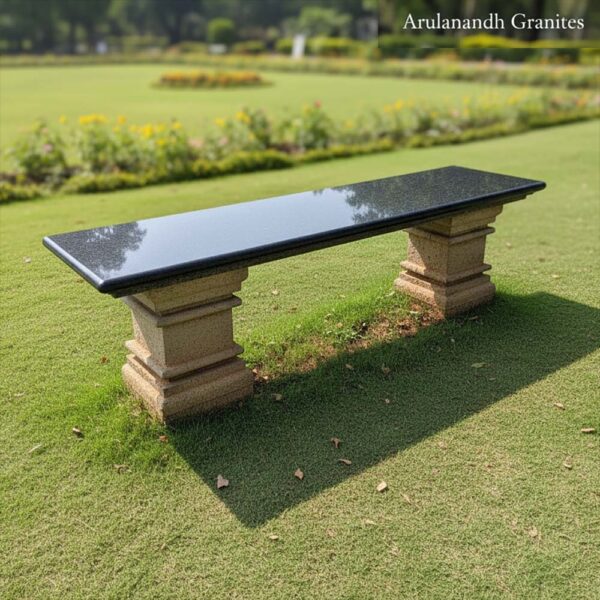 Granite Garden Bench – Polished Seat with Stone Pedestal Legs